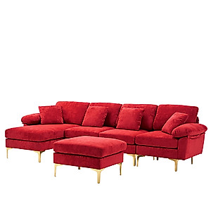 OUYESSIR U-Shaped Sectional Sofa Couch, 4 Seat Sofa Set for Living Room, Convertible L-Shaped Velvet Couch Set with Chaise Lounge, Ottoman and Pillows,114 inches (Red)