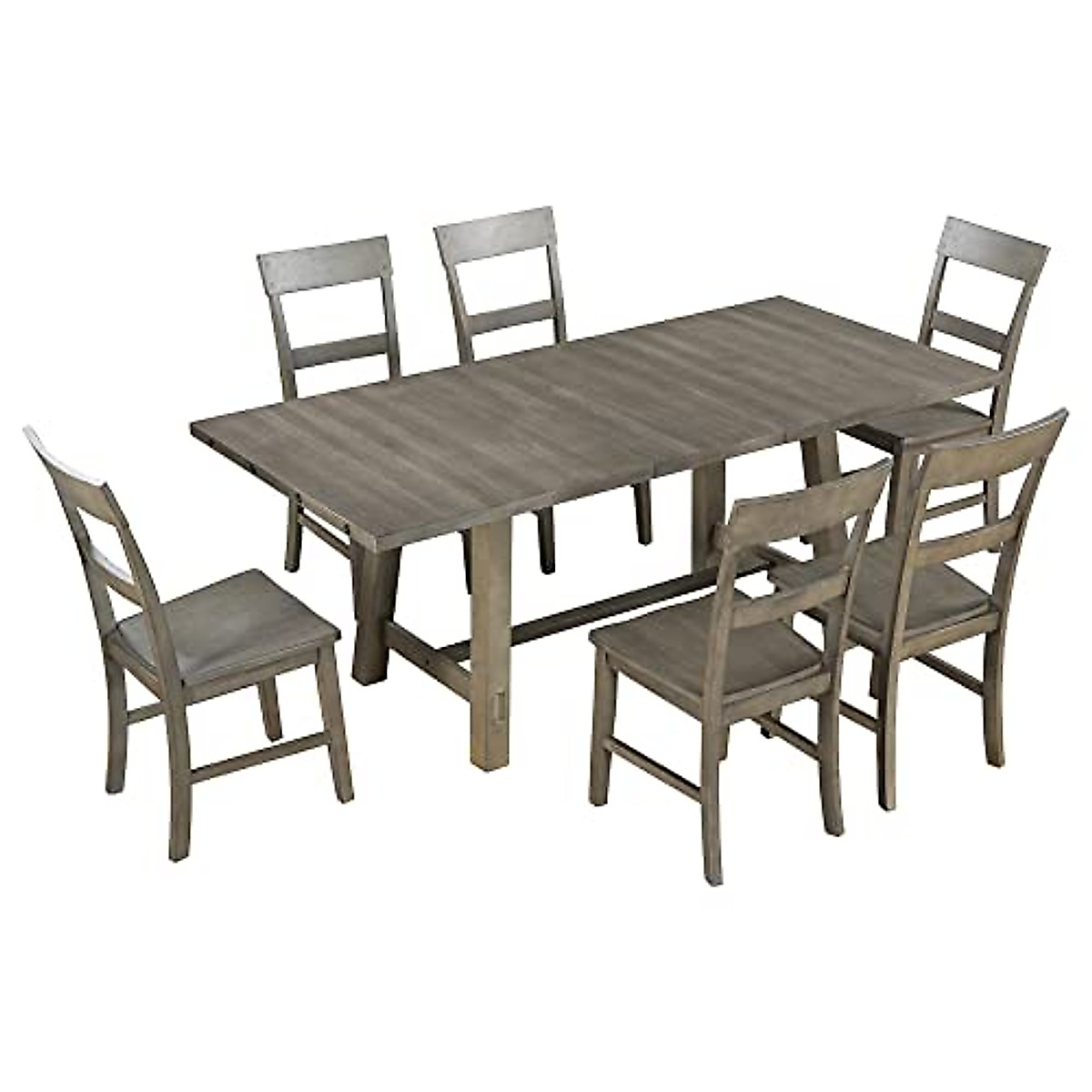 KoiHome Kitchen East-West Set-76 Retro Industrial Style Rectangular 18" Leaf and 6 Chairs, Modern Solid Wood Room, Distressed Finish, Gray, 7-Piece Dining Table Set