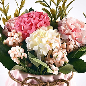Sunm Boutique Artificial Hydrangea Bouquet with Small Ceramic Vase, Artificial Hydrangea Flower Potted Fake Variety Silk Flower Bonsai for Table Party Office Wedding Home Decor, Pink