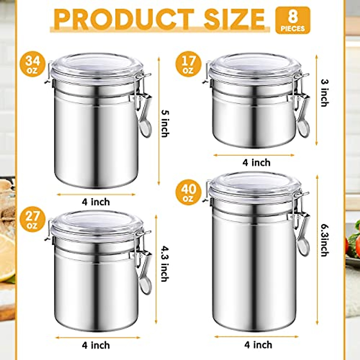 Rtteri 8 Pieces Stainless Steel Airtight Canister Set with Clear Lid and Locking Clamp Food Storage Container Set Stainless Steel Kitchen Canister for Coffee Sugar Flour Tea Candy Cookie Spice