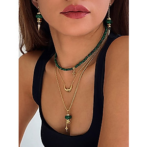 PEARLADA Boho Malachite Beaded Choker, Chakra Gemstone Necklace for Women, 18k Gold Star Charm Pendant Necklace