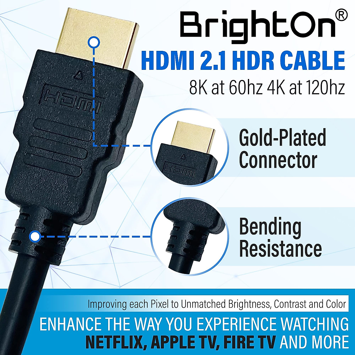 BrightOn Cable & Care Package for All Samsung TVs. Contains 8K HDMI 2.1 HDR Cable 8K@60Hz/4K@120Hz | CAT 7 Super High Speed Cable | Dusting Brush & Microfiber Cloth