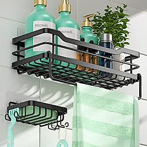 TOPCHASE Shower Caddy Bathroom Shower Organizer, Black Adhesive Shower Shelves for Inside Shower, 2 Pack Stainless Steel Shower Organization Basket With Soap Holder, Hooks, No Drilling Shower Storage