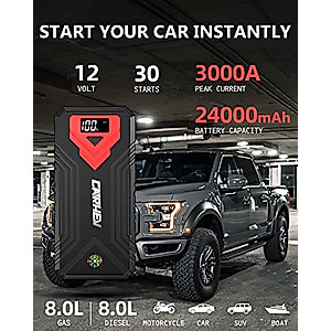 CARHEV 3000A Jump Starter, 24000mAh Car Battery Jump Starter (up to 8.0L Gas and 8.0L Diesel Engine) Battery Jumper Starter Portable, 12V Car Jumper Starter Portable with LED Light and USB QC 3.0