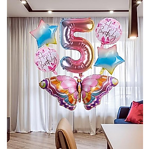 Butterfly Balloons 5th Birthday Decorations for Girls, Butterfly Birthday Party Supplies Fairy Pink Princess Groovy Party Supplies Favors Anniversary Decor, 32 Inch Gradient Balloon Number 5