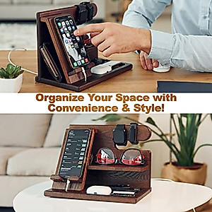 TESLYAR Wood Phone Docking Station Ash Key Holder Wallet Stand Watch Organizer Men Gift Husband Wife Anniversary Dad Birthday Nightstand Purse Father Graduation Male Travel Idea Gadgets… (Deep Brown)