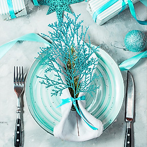 Winlyn 15 Pcs Teal Glitter Artificial Cedar Picks Sprays Christmas Floral Picks Faux Cedar Branches Stems Teal Christmas Tree Picks 15.4" H for Floral Arrangement Wreath Swag Winter Centerpiece
