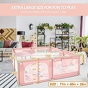 Baby Playpen, Baby Playpen with Mat, Playpen for Babies and Toddlers 71"L x 60"W x 26"D Indoor Large Playpen Safety Baby Fence Play Area, Valentines Day Gifts for Kids (Pink)