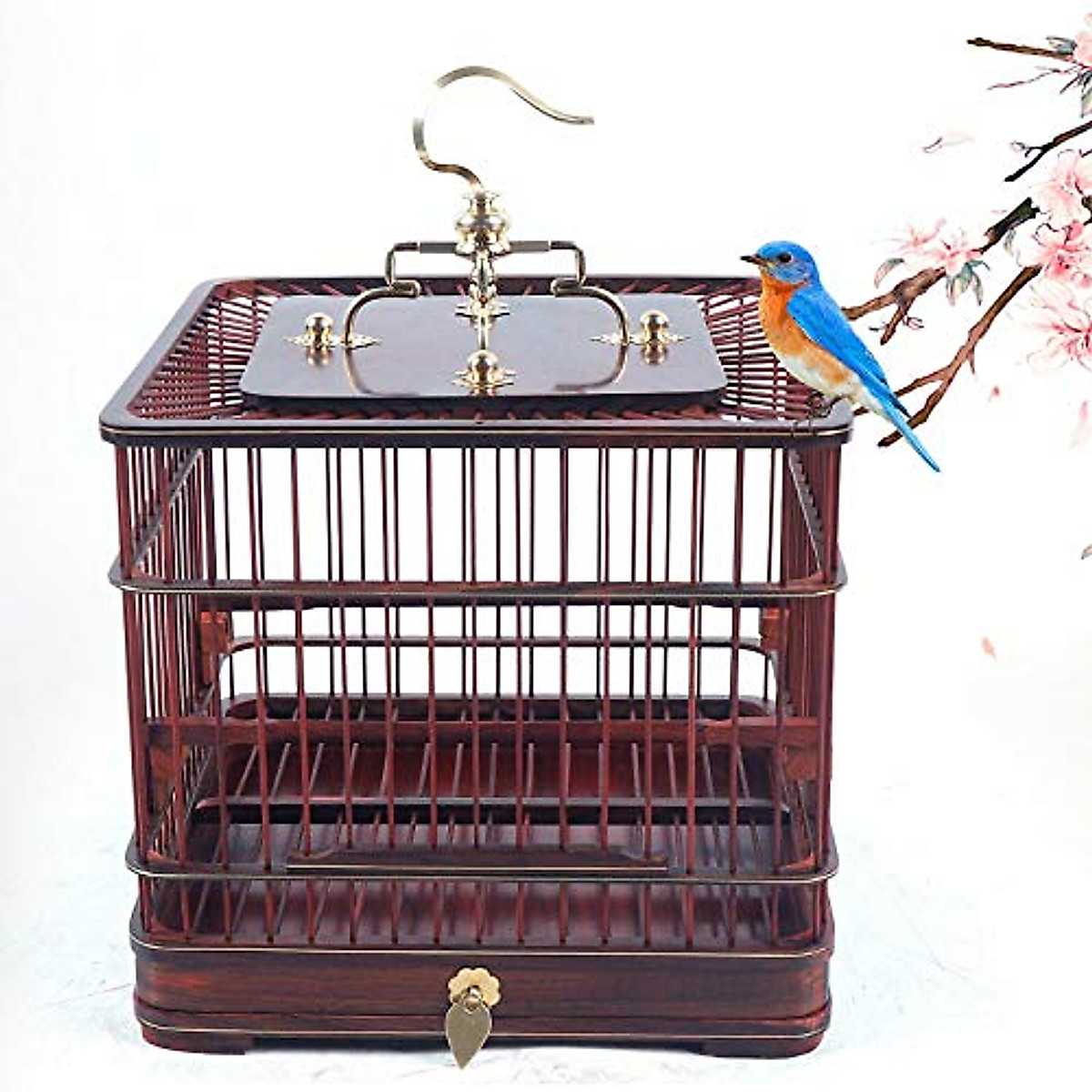 Retro Drawer Style Handmade Dark Red Hanging Type Wood Birdcage Bird Cage Lovebird House with Drawer, Suitable for Family Pet Bird Breeding