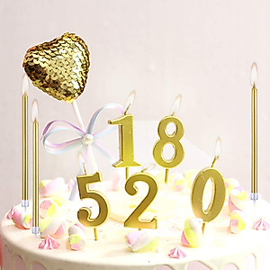 FULANDL 26Pcs Birthday Numeral Candles Set, 10Pcs Number 0-9 Glitter Cake Topper Decoration with 16Pcs Long, Star, Heart Birthday Candles (Gold)
