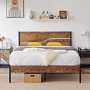 VECELO Platform Bed Frame/Mattress Foundation Queen Size with Rustic Vintage Wood Headboard, Strong Metal Slats Support, No Box Spring Needed