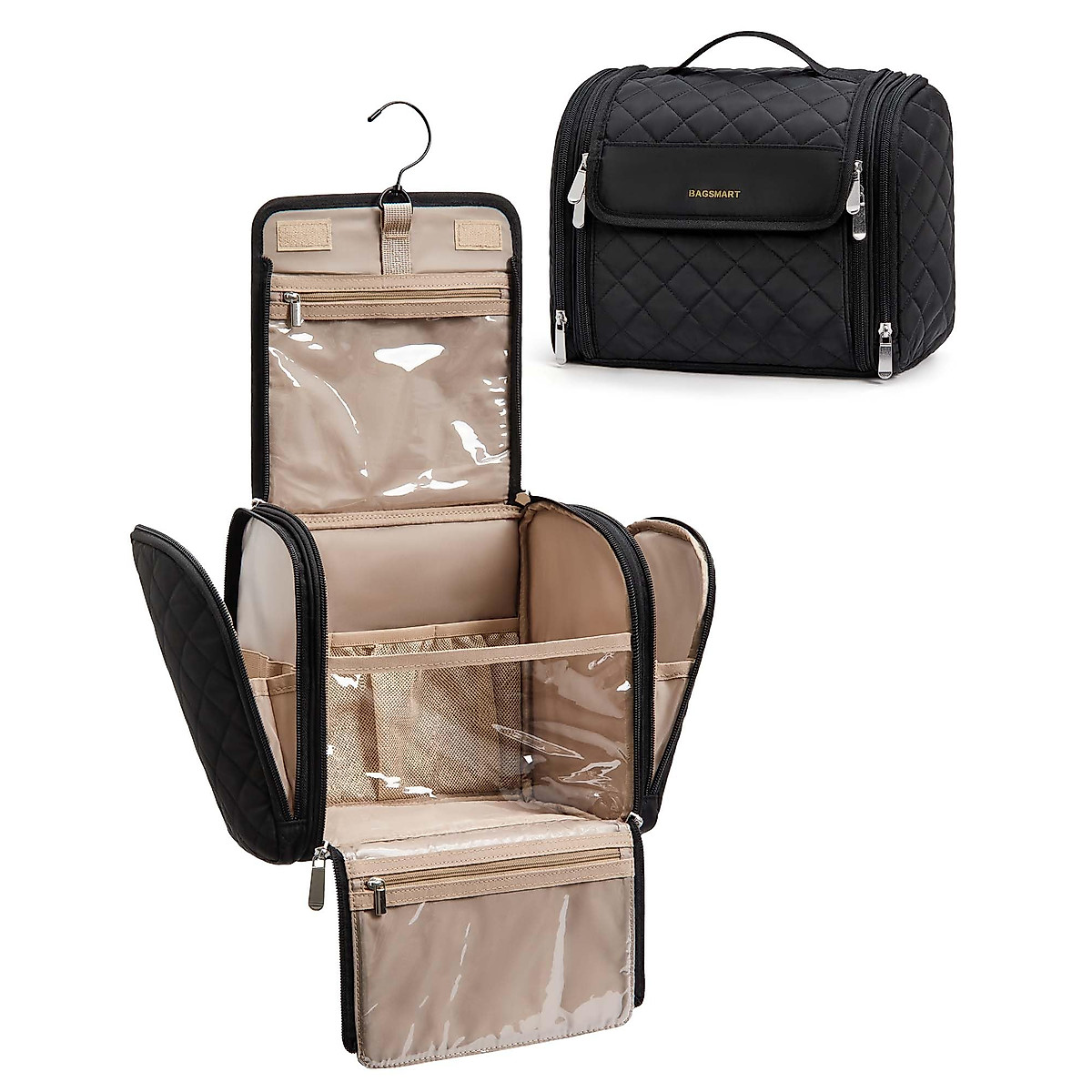 BAGSMART Makeup Bag for Women with Hanging Hook - Portable Cosmetic Case, Large Capacity Door Room Essentials Travel Organizer for Full Sized Cosmetics and Toiletries, Black