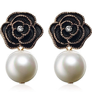 Fashion Designer Imitation Pearl Black Camellia Floral Charm Dangle Drop Earrings Studs For Women (Black)