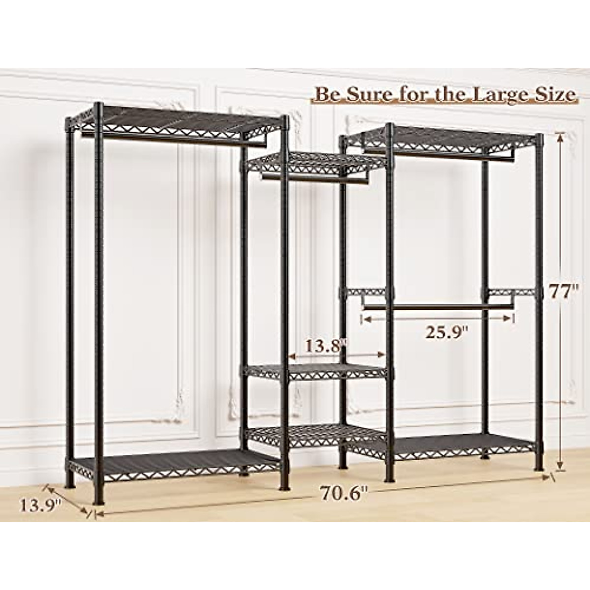 Raybee 77" H Clothes Rack Heavy Duty Clothing Racks for Hanging Clothes 720LBS Adjustable Clothing Rack Portable Closet Racks for Hanging Clothes Wire Garment Rack Black 13.9" D x 70.6" W x 77" H
