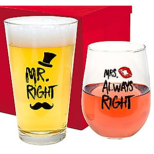 Funny Mr. Right and Mrs. Always Right Novelty Wine Glass and Beer Glass | Includes Fun, Stylish Gift Box | For Weddings, Engagement, Newlywed, Bachelorette, Anniversary, Couples Gifts