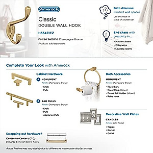 Amerock H55451CZ | Noble Double Prong Decorative Wall Hook | Champagne Bronze Hook for Coats, Hats, Backpacks, Bags | Hooks for Bathroom, Bedroom, Closet, Entryway, Laundry Room, Office