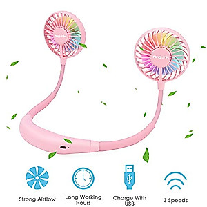 AngLink Portable Neck Fan with Colorful Led Light 360° Rotation - Quiet Hand Free USB Rechargeable Battery Operated Small Personal Fans for Kids Travel Camping Outdoor Office | Pink