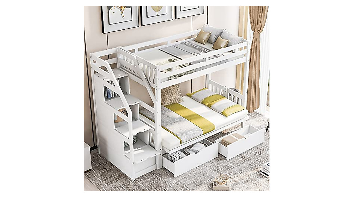 Merax Twin Over Full Bunk Bed with Storage & Convertible Bed