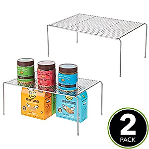 mDesign Large Raised Metal Kitchen Pantry Stacking Plate Organizer Storage Shelves, Cabinet Shelf Rack for Cupboard, Cabinet - Store Food, Dishes, Bowls, Mugs, Concerto Collection, 2 Pack, Silver
