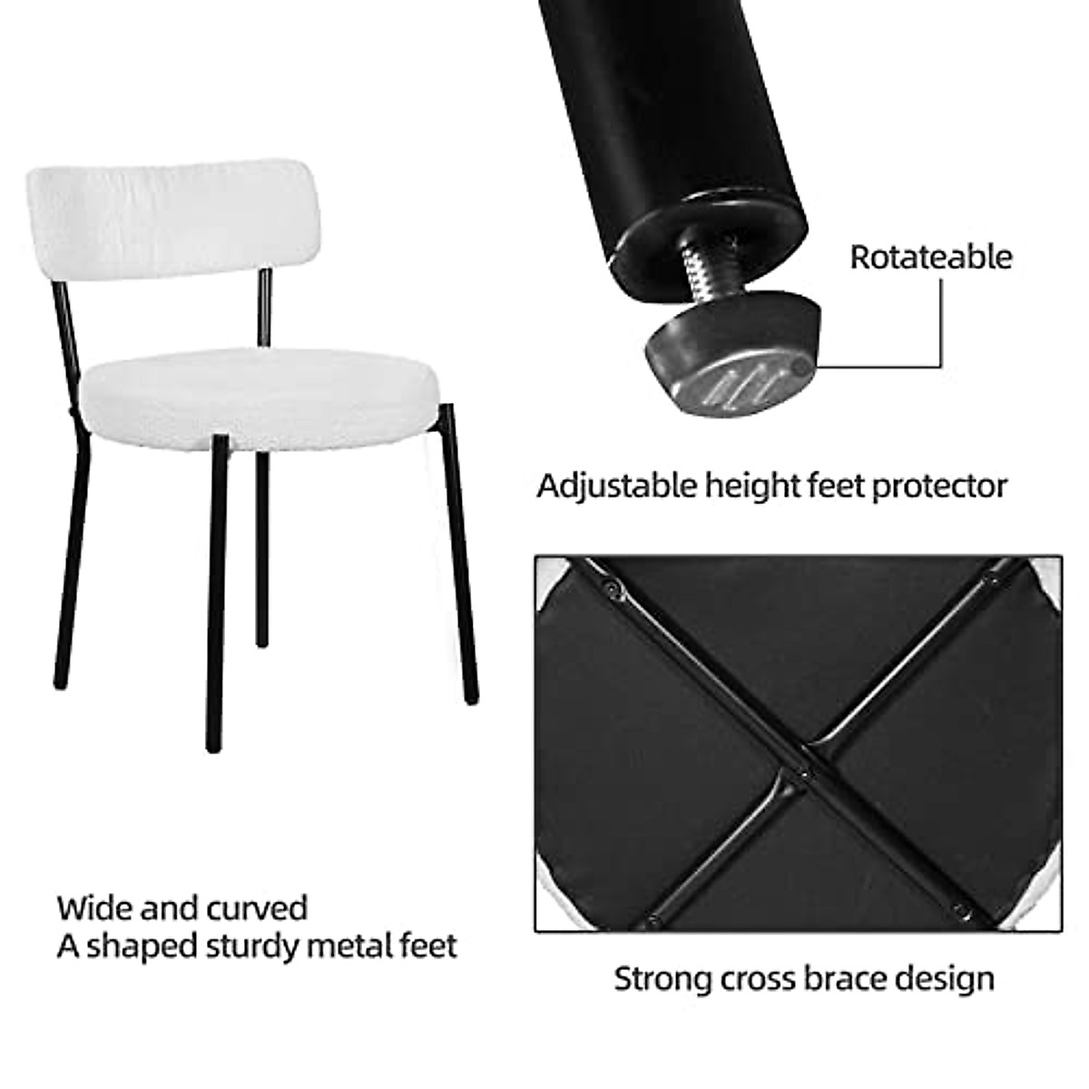 Sucrever Dining Chairs Set of 4, White, Upholstered Mid Century Modern Kitchen Dining Room Chairs with Black Metal Leg/Backrest, Boucle Velvet Accent Dining Chairs for Living Room Bedroom