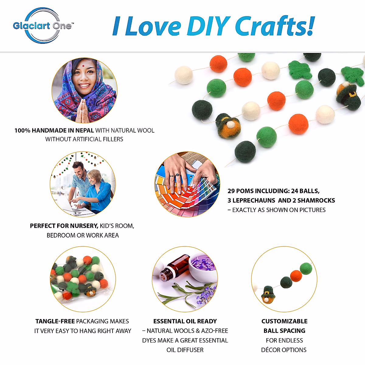 Glaciart One St. Patrick's Day Felt Ball Garland - Pre-Assembled Shamrocks, Clover and Leprechaun Irish Party Decoration - Pompom Party Decor - 100% Natural Wool Pom Poms with Cotton String - 6 Feet