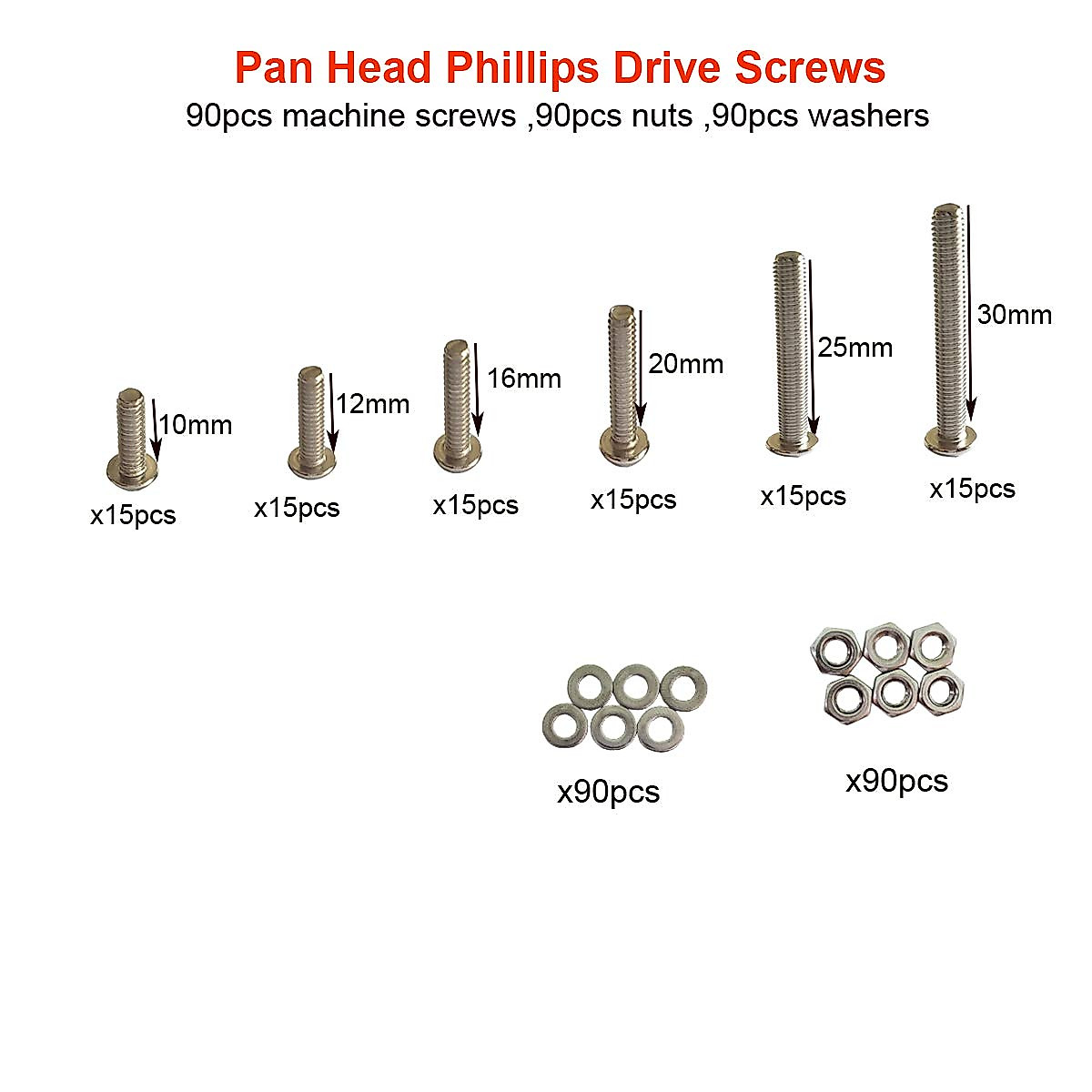 M4-0.7 x 10mm,12mm,16mm,20mm,25mm,30mm Pan Head Phillips Machine Screws,18-8 Stainless Steel Bolts Nuts Washers Screws Assortment Set (M4 Pan Head Phillips Screws)