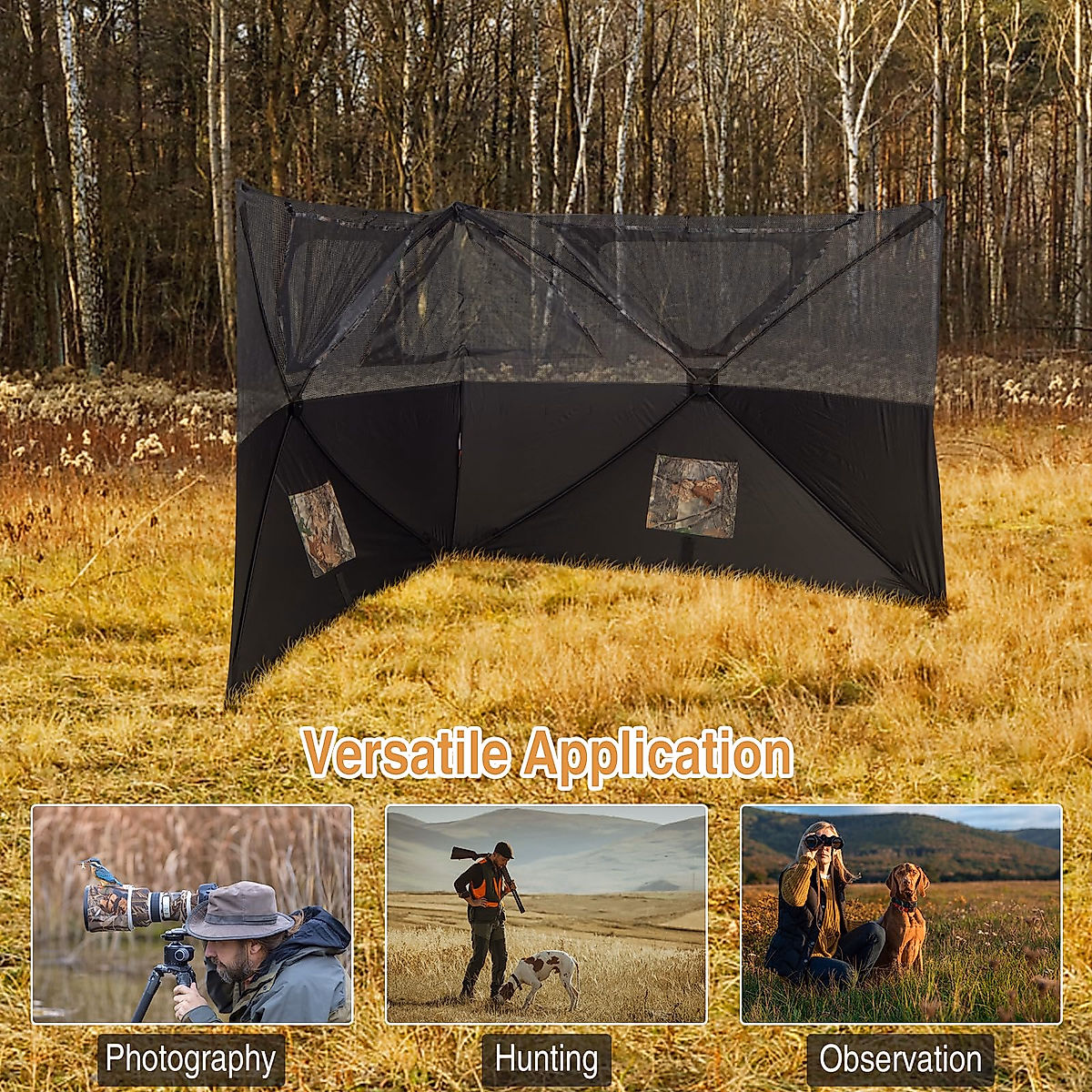 HAPPYGRILL Hunting Blind 2-Panel Pop Up Ground Hunting Blind with 3 Shoot Through Ports, Camo Concealment, Brush-in Loops, High Wind Stability, Easy-Setup Hunting Fence for Deer Turkey