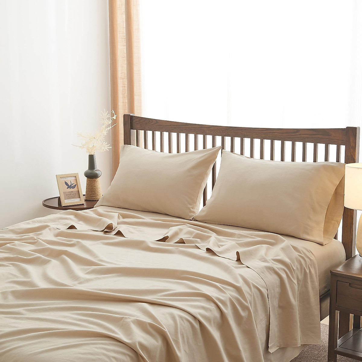 Simple&Opulence Belgian Linen Sheet Set Solid Color - 3 Pieces (1 Flat Sheet, 1 Fitted Sheet & 1 Pillowcase) Natural Flax Cotton Blend Soft Breathable Farmhouse Bedding - Twin Size, Linen/Beige