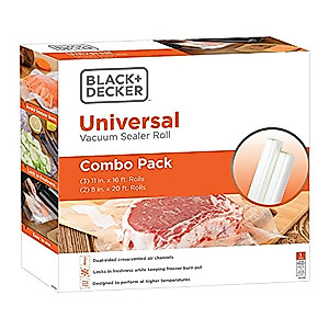 Black + Decker Vacuum Sealer Bags Combo Pack of 5 Rolls, Use for Sous Vide or Meal Prep, BPA Free, Dishwasher Safe, Tear Resistant, Safe to Microwave, Boil, or Freeze