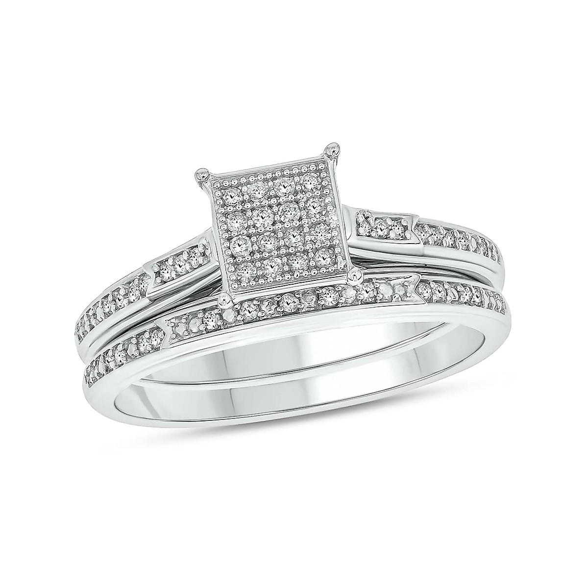 Cali Trove, 1/4cttw Diamond Square Cluster Engagement Ring with Matching Diamond Wedding Band for Women in 925 Sterling Silver, Women's Silver Square Wedding Ring Set with Diamond Accented Bands,7