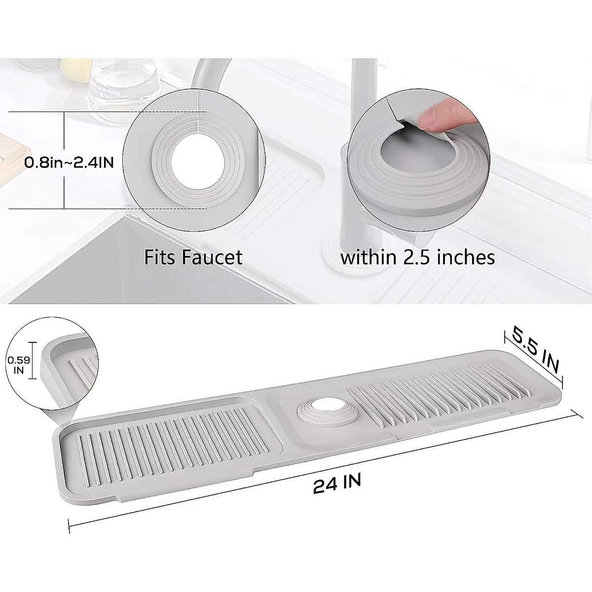 Silicone Faucet Mat Drip Catcher Tray(gray24" x 5.5"),Sink Mat,Faucet Handle Drip Catcher Tray,Faucet Catcher Mat,Faucet Absorbent Mat,Faucet Rack,Sink Splash Guard,Sink Accessories Gadgets