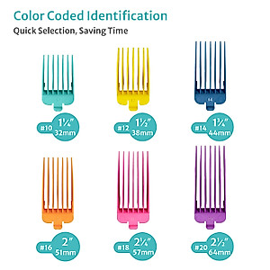 6 Professional Extra Long Hair Clipper Guards Cutting Guides Fits for Most Wahl Clippers, Color Coded Clipper Guards Replacement - 1.25", 1.5", 1.75", 2", 2.25" & 2.5" (#10, 12, 14, 16, 18, 20)