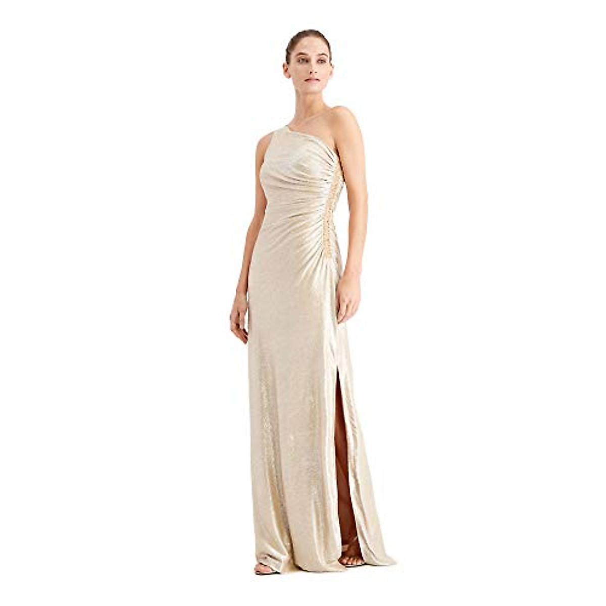 Calvin Klein One-Shoulder Gown with Side Ruching and Beaded Detail – Women’s Formal Dresses for Special Occasions, Buff/Silver 2, 4