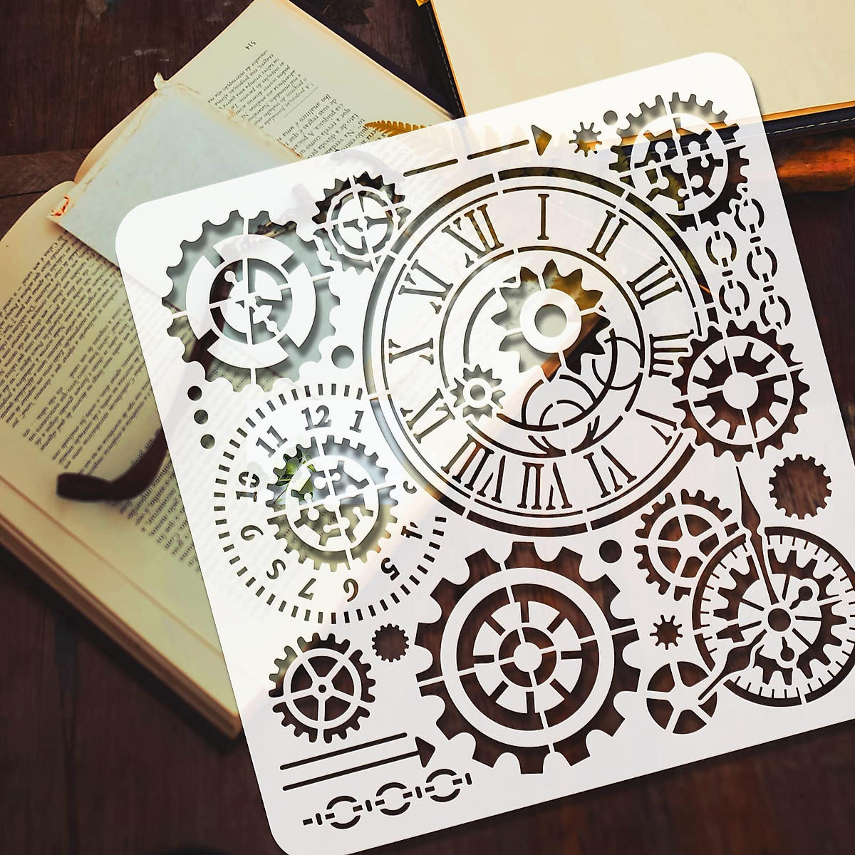 FINGERINSPIRE Gear Stencils for Painting 11.8x11.8 inch Steampunk Stencils Clock Gear Stencil Plastic Gears Pattern Stencil Reusable DIY Art and Craft Stencils for Painting on Wood Wall and Tile