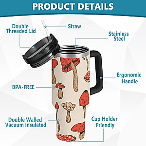Yasala Car Tumbler with Handle Mushroom Nature Botanic Travel Mug Coffee Cup Insulated Beverage Container Mega Cup for Hot Cold Drinking Thermos Water Bottle Cupholder Friendly 40 oz