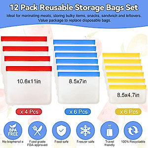 16Pack Reusable Food Storage Bags,Leakproof Reusable Freezer Bags,Extra Thick Reusable Silicone Bags BPA Free PEVA for Marinate Food Lunch Travel Items (4 Gallon Bags+6 Sandwich Bags+6 Snack Bags)