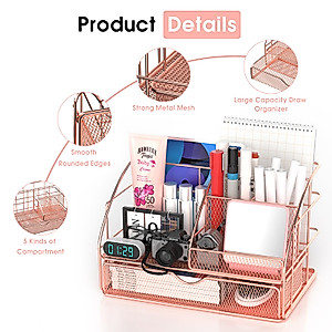 Rose Gold Desk Organizers and Accessories, Office Supplies with Calculator, Acrylic Stapler, Pen Holder, Clips, Scissor Pen, Mesh Desktop Organizer with Drawer for Women, Student, Office, School