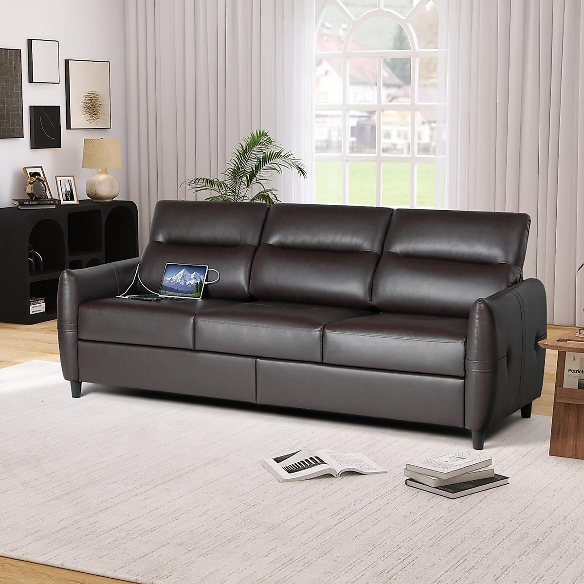 COEWSKE 3 Seater 85” Couch Sofa, Faux Leather Mid Century Modern Comfy Couch, Vintage Tufted Stain Resistant Couch with USB Charging Port for Living Room, Office, Bedroom, Apartment (Brown)