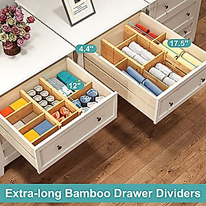 Vriccc 4.4" High Drawer Dividers with Inserts, Bamboo Drawer Dividers for Clothes, Expandable from 12-17.5", Adjustable drawer organizer for Bedroom, Kitchen & Office, 4 Dividers with 8 Insert.
