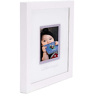 Golden State Art, White Baby Frame, Little Angel Solid Wood picture frame with White/Silver Double Mat, Baby Nursery Decor for Baby Girl or Baby Boy (8x8-inch for 4x4-inch, 1-Opening)