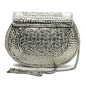 Jiya Indian Brass Handmade Bridal Women's Antique Brass Purse Ethnic Metal Clutch Gift (Silver)