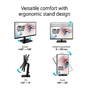 ASUS VA27DQSB 27” Monitor, 1080P Full HD, 75Hz, IPS, Adaptive-Sync, Eye Care, HDMI DisplayPort VGA USB Hub, Frameless, Ergonomic Design, VESA Wall Mountable,BLACK