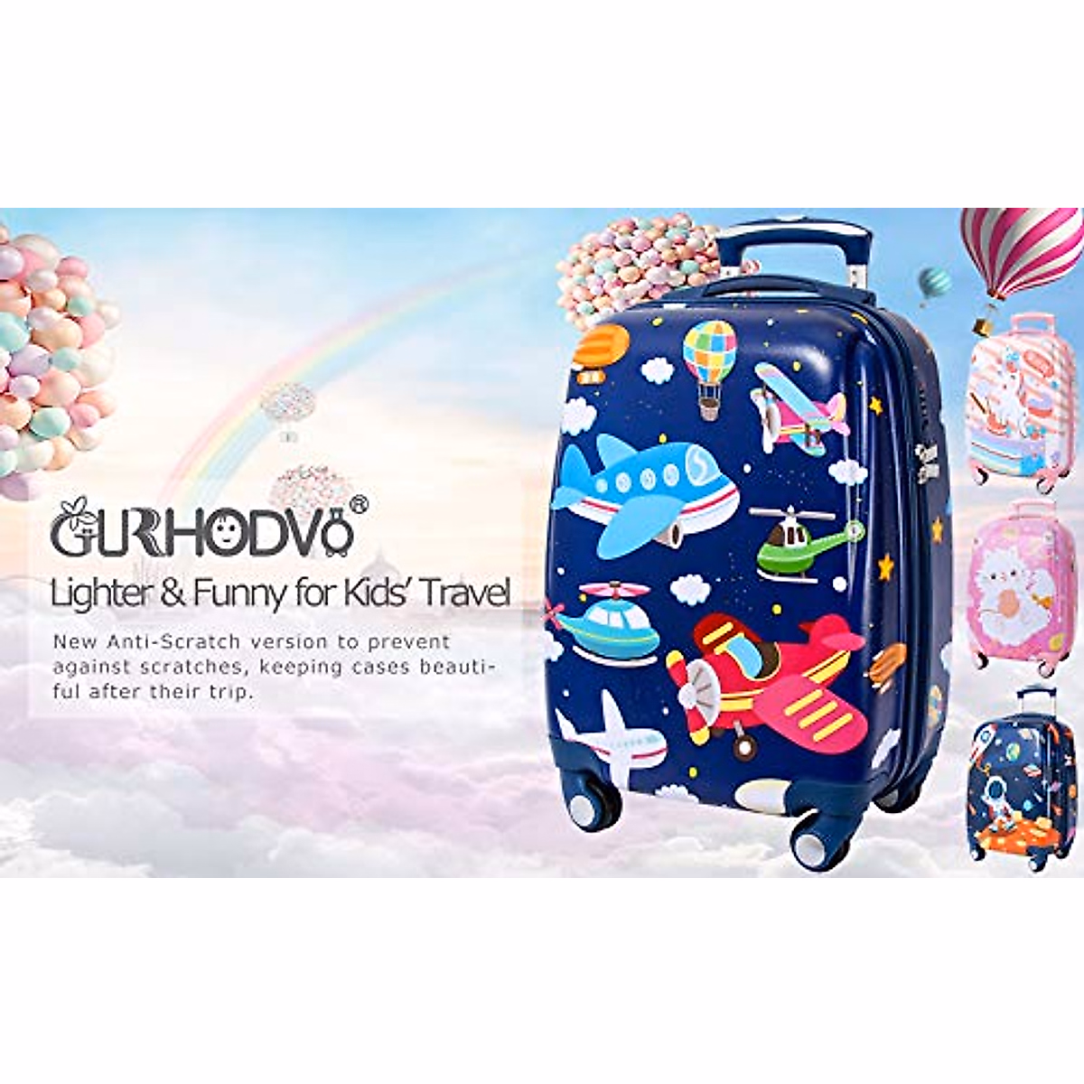 GURHODVO Kids Carry On Luggage for Boy's, Girl's Children Rolling Suitcase with 4 Spinner Wheels Hardshell Case for Toddler to Travel (airplane)