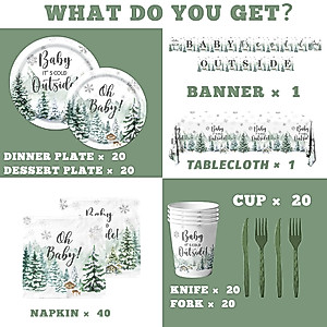 Winter Baby Shower Decorations, 142pcs Baby It's Cold Outside Baby Shower Woodland Plates Napkins Tablecloth Banner Gender Reveal Baby Shower Decorations Boy Girl for Holiday Christmas