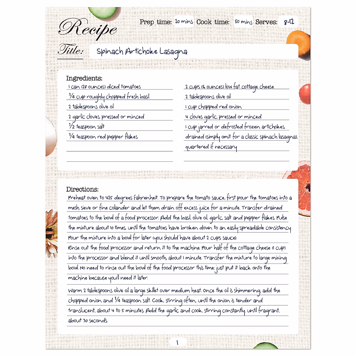 CraftSaints Full Size Recipe Pages 8.5x11'' Double-Sided Paper, (25 Sheets) No-Smear Matte Paper Recipe Pages for Binders, Convenient Blank Recipe Paper Refills (Vegetable)