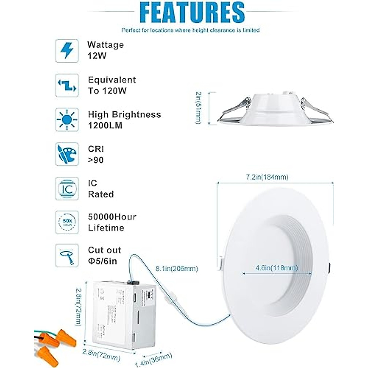 Lightdot Ceiling Light Fixture, Retrofit LED Recessed Lighting 6 inch, Downlight with Baffle Trim, Canless with Junction Box-10Pack