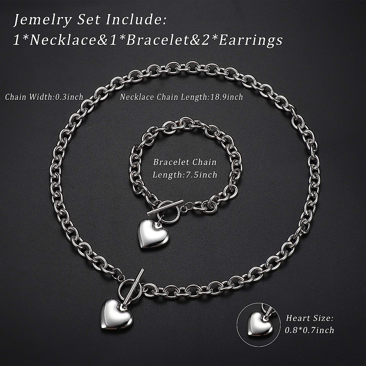 LOYALLOOK 3Sets Heart Pendant Necklace Toggle Chain Heart Bracelet Heart Stud Earrings for Women Stainless Steel Charm Love Heart Jewelry Set for Valentine's Day