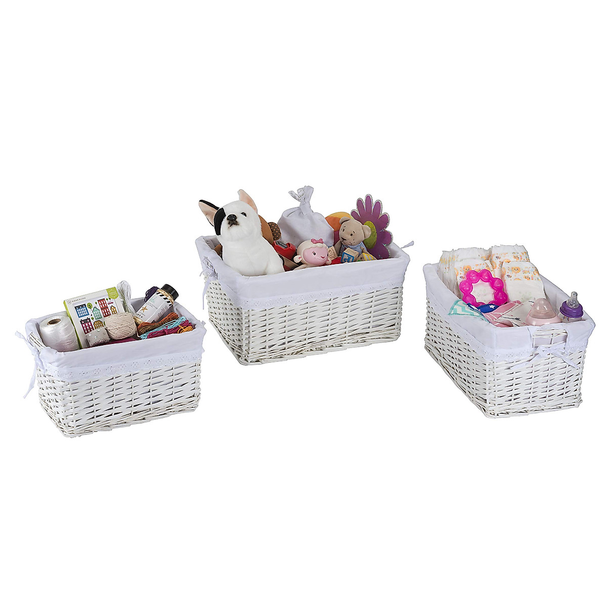 Badger Basket Nesting Wicker Nursery Baskets with Fabric Liner - Set of 3 - White