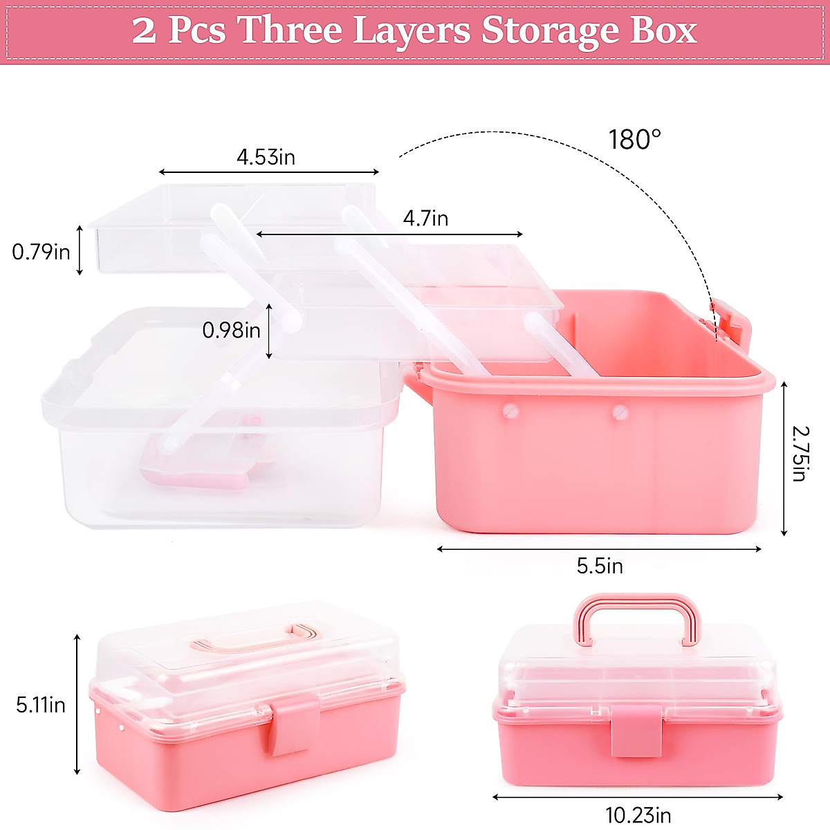 Akamino 2 Pcs Multipurpose Storage Box with Handle,3-layer Plastic Sewing, Art & Craft Case,11 In Portable Locking Tool Container Tackle Box for Cosmetic Medicine Jewelry Hair Accessories(Pink)