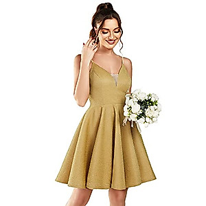 Ever-Pretty Women's Prom Dress Sparkle V Neck Sleeveless A-Line Mini Summer Dress Cocktail Dress Gold US4